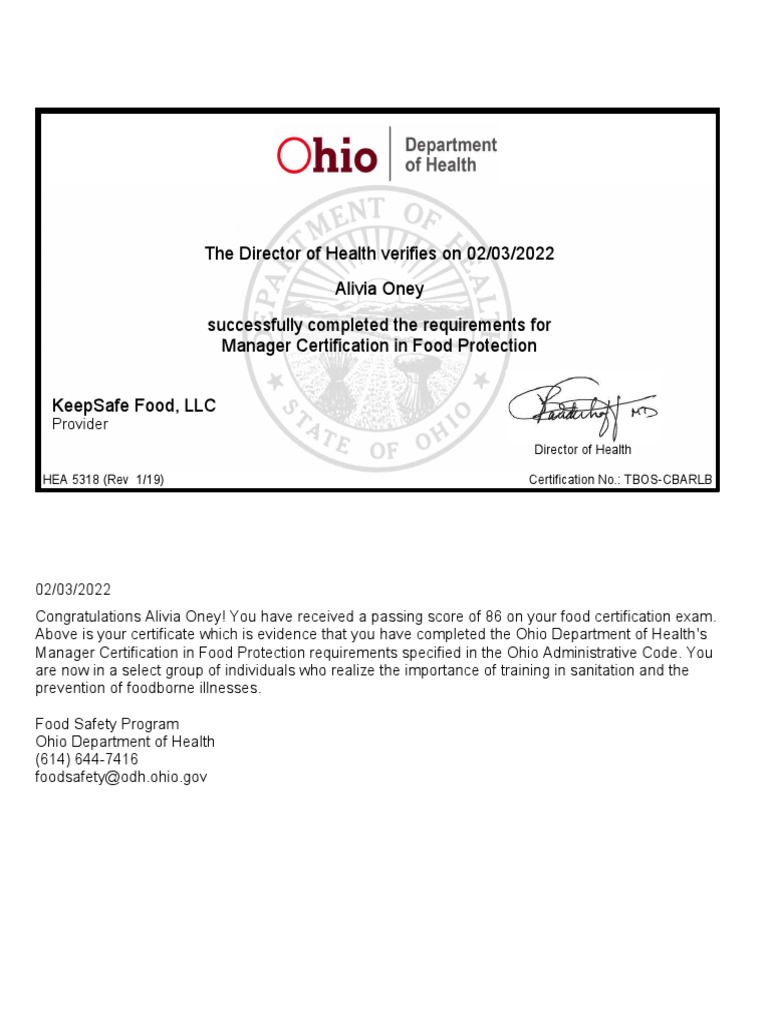 Servsafe Food Protection Certificate | PDF