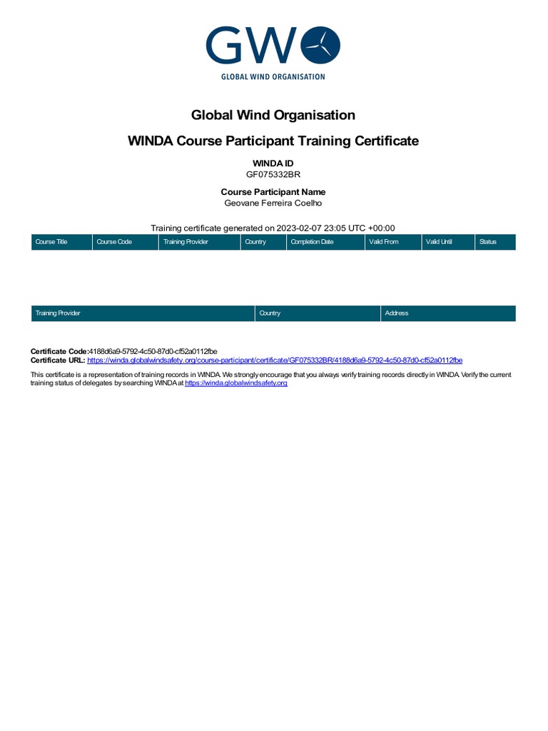 Global Wind Organisation WINDA Course Participant Training Certificate ...