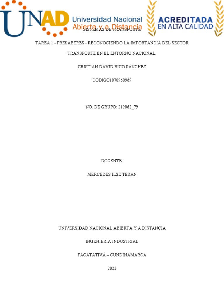 Tarea 1 Cristian Rico 212029 79 | PDF | Transporte | Colombia