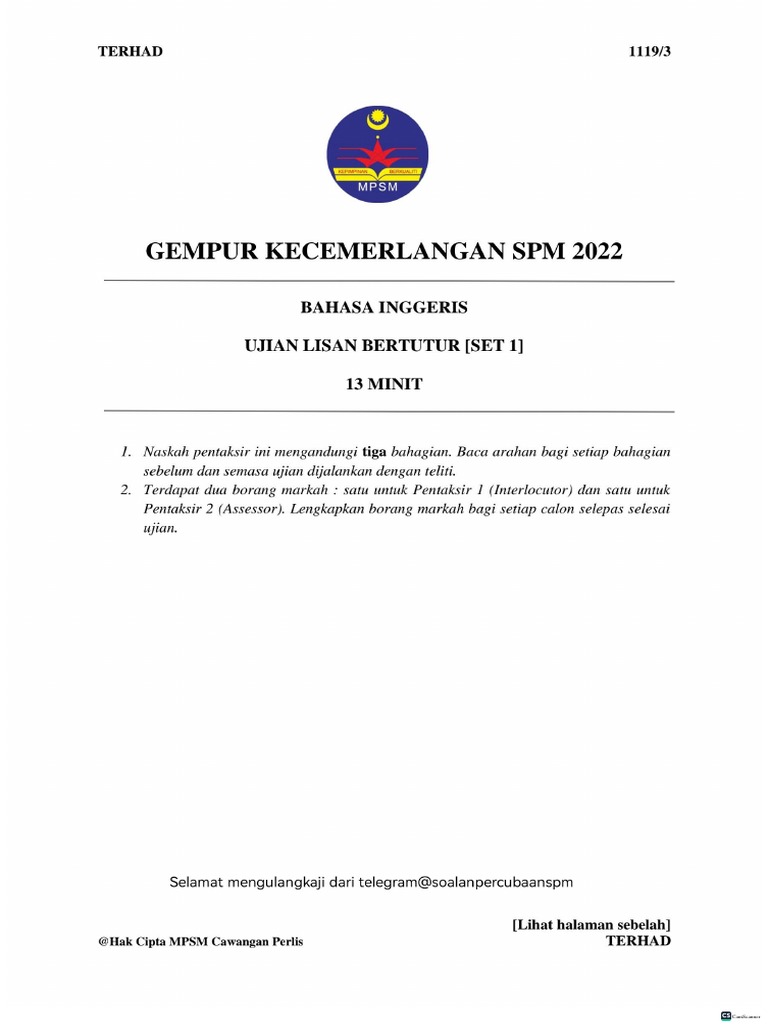 English Paper 3 Speaking Test (Set 1) Perlis 2022 | PDF