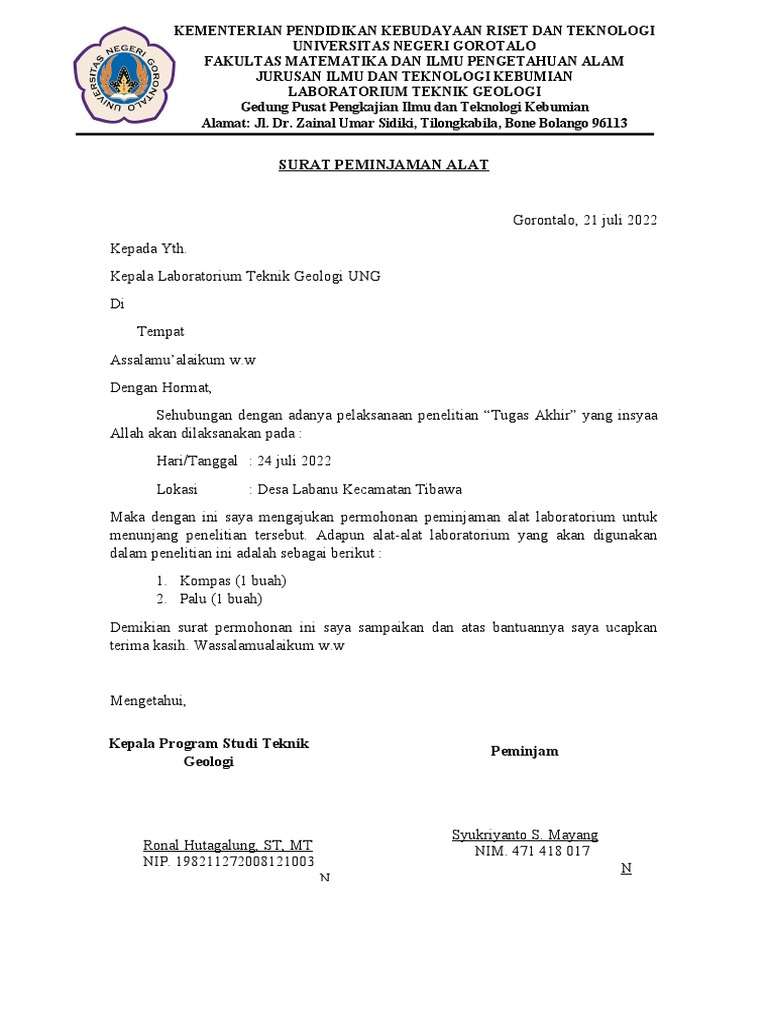 Surat Peminjaman Alat Laboratorium Geologi | PDF | Sains & Matematika