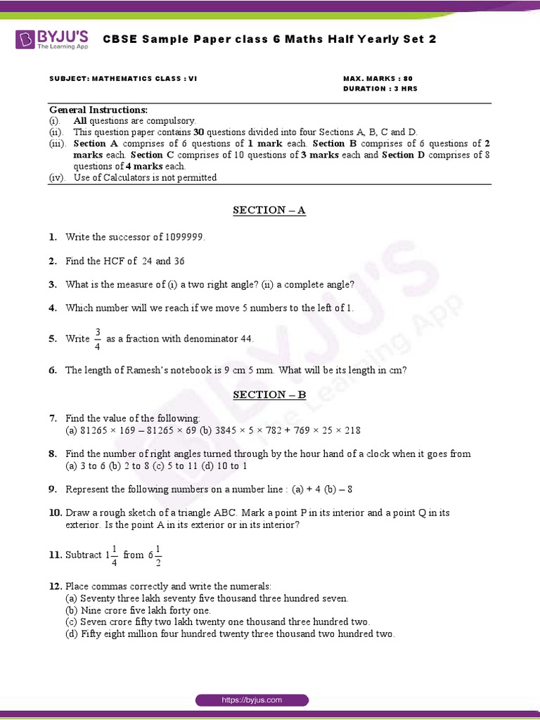 CBSE Sample Paper Class 6 Maths Half Yearly Set 2 | PDF | Elementary ...