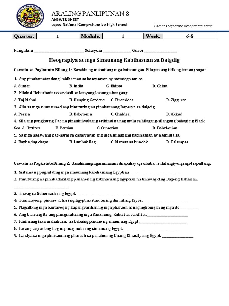 Grade 8 1st Quarter Answer Sheets W6 W7 W8 | PDF