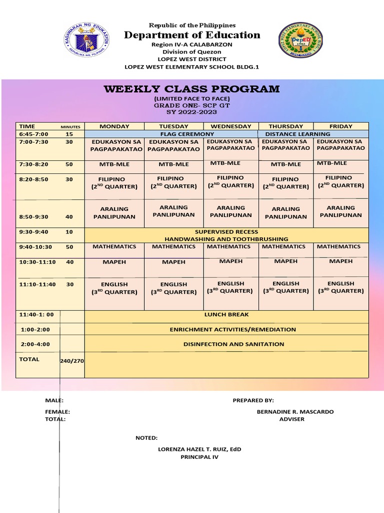 Grade 1 Weekly Class Schedule 2022-2023 | PDF