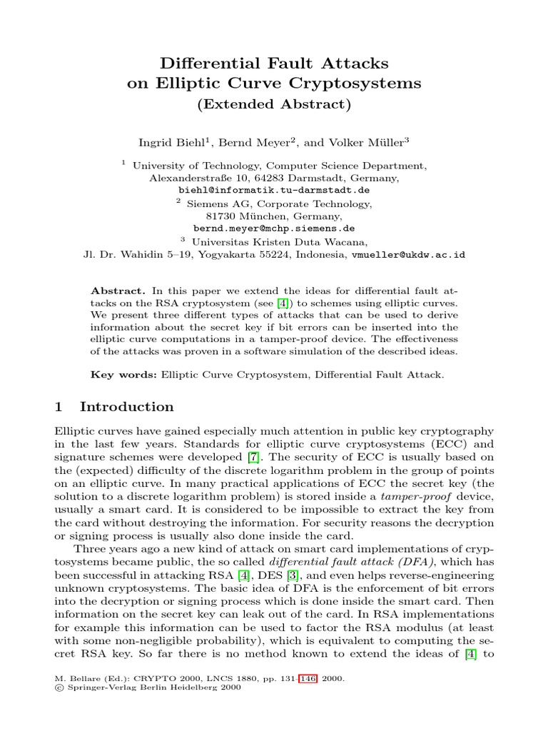 Differential Fault Attacks On Elliptic Curve Cryptosystems (Extended Abstract) | PDF ...