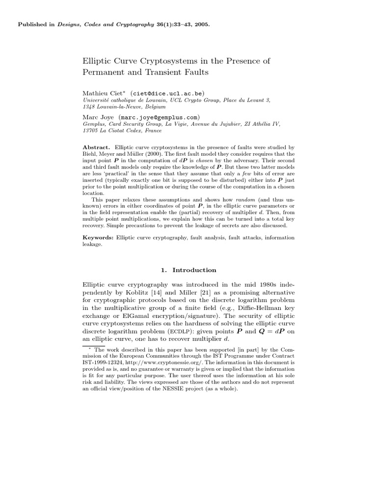 Elliptic Curve Cryptosystems in The Presence of Permanent and Transient Faults | PDF ...