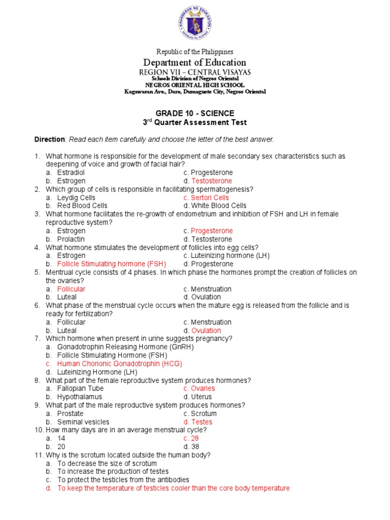 SCIENCE 10 3rd Quarterly Assessment Questionnaire | PDF | Luteinizing Hormone | Menstrual Cycle