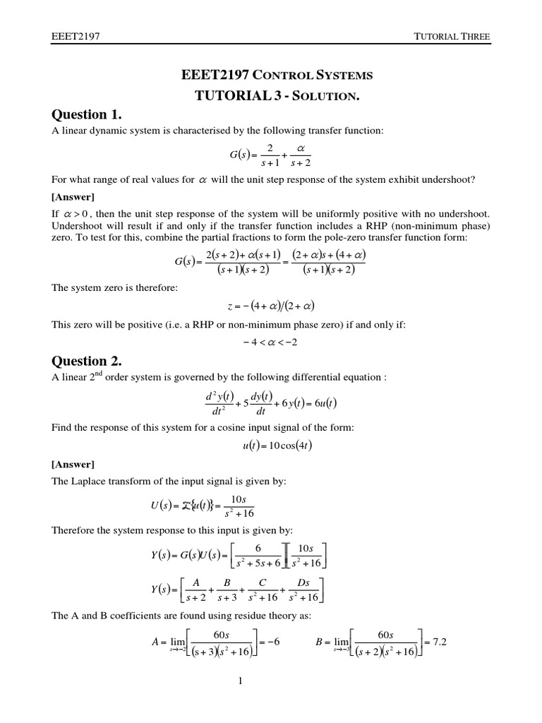 EEET2197 Tute3 Soln | PDF | Mathematical Analysis | Control Engineering