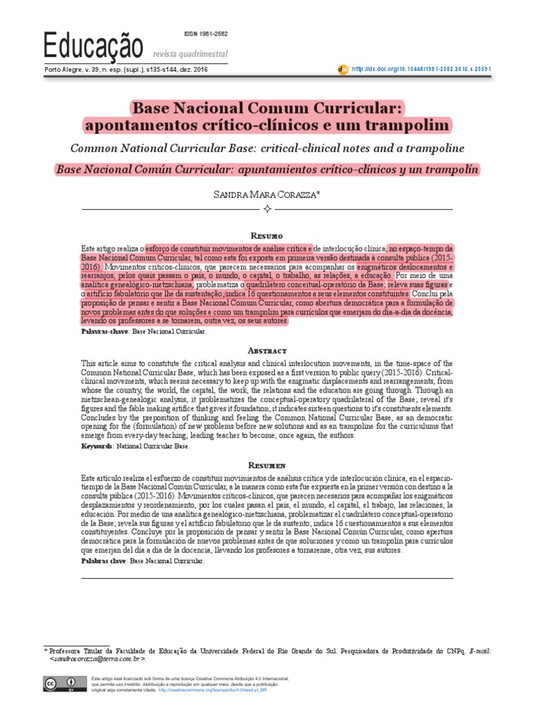 ARTIGO 2016 SANDRA CORAZZA BNCC Apontamentos Crítico-Clínicos e Um Trampolim Marcado em 05 06 21 ...
