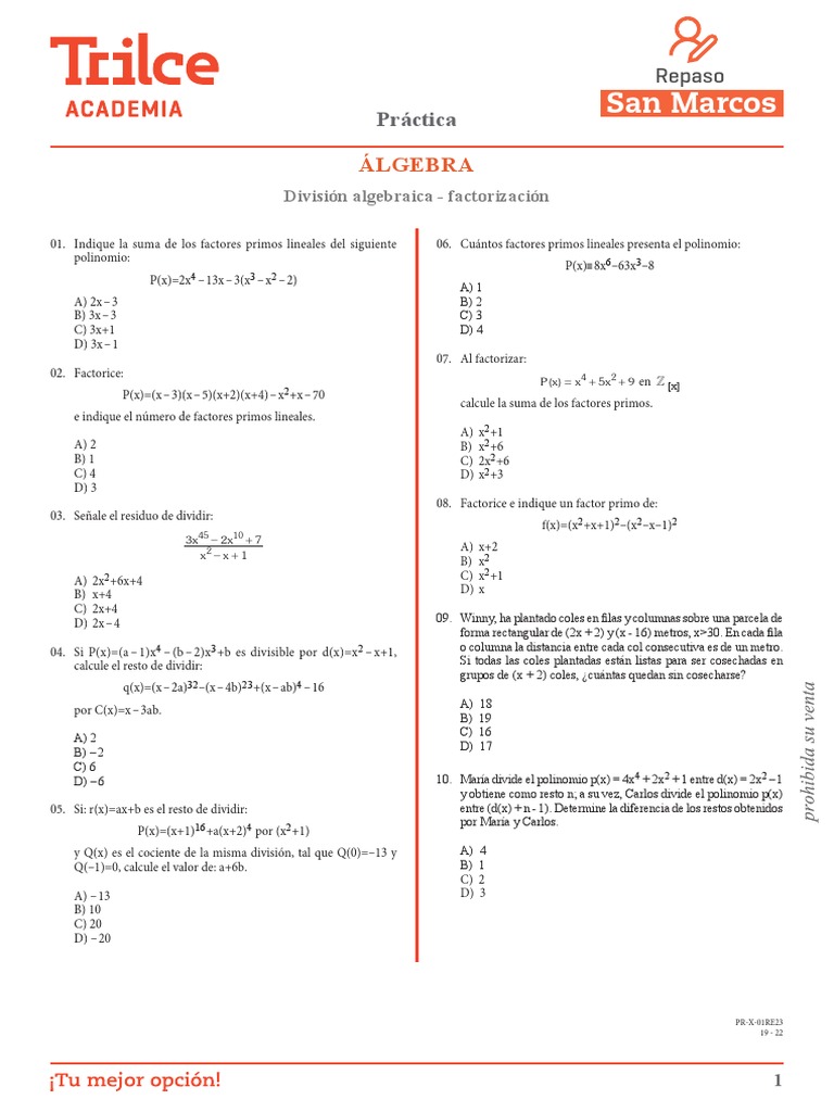 Algebra Tema 1 (Practica) | PDF | Factorización | Álgebra abstracta
