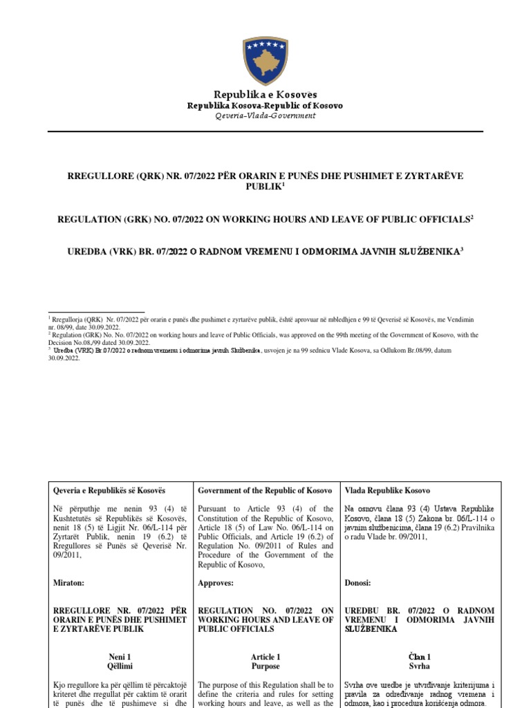 Rregullore QRK NR 07 2022 Per Orarin e Punes Dhe Pushimet e Zyrtareve Publik | PDF