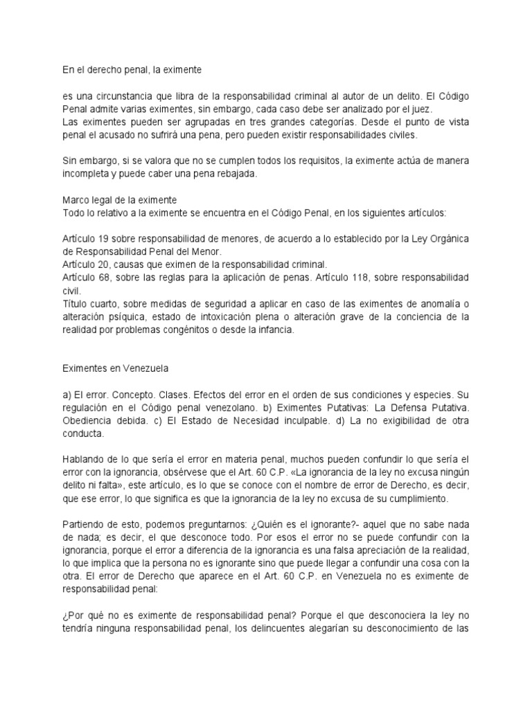 En El Derecho Penal, La Eximente | PDF | Derecho penal | Intención ...