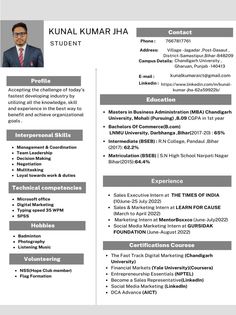 21MBA1178 Kunal Jha Resume | PDF | Master Of Business Administration ... 21MBA1178 Kunal Jha Resume | PDF | Master Of Business Administration ...
