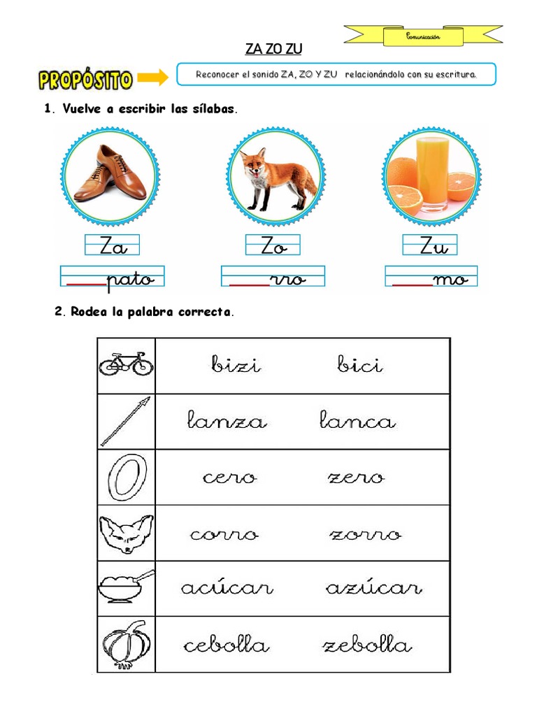 Actividades con Sílabas ZA, ZO, ZU | PDF