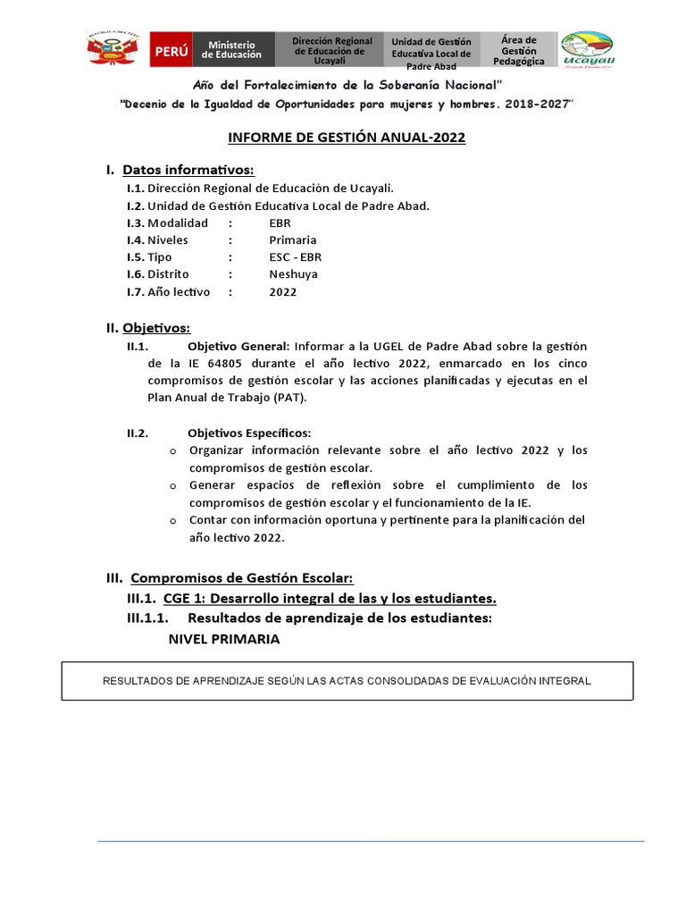 Informe de Gestión Anual-2022 I. Datos Informativos:: Año Del Fortalecimiento de La Soberanía ...