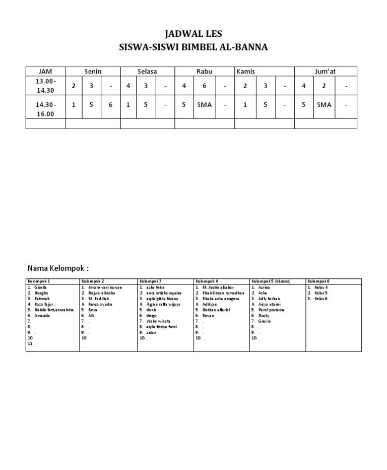 Jadwal Les Bimbel Al-Banna | PDF