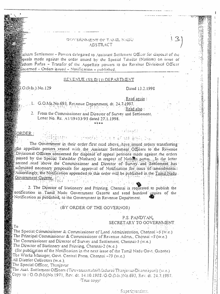 Natham Settlement G.O. No. 129 Date - 13.02.98 | PDF | Government Of India
