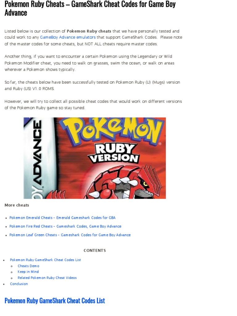 Pokemon Ruby Cheats - Gameshark Codes For Gameboy Advance | PDF ...