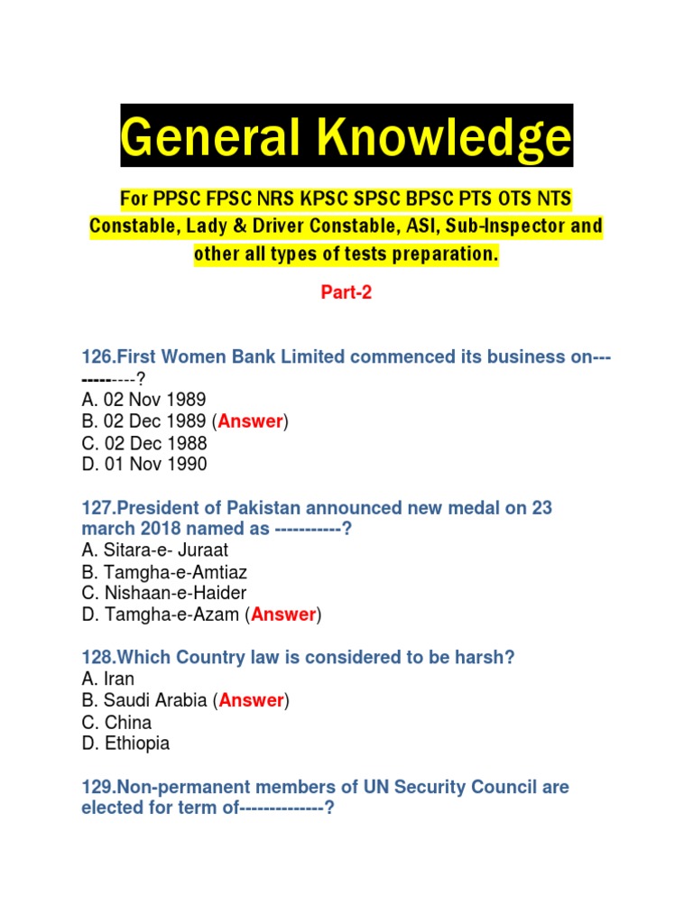 General Knowledge For PPSC, FPSC, SPSC, KPPSC, NTS, Ots, Pts Tests ...