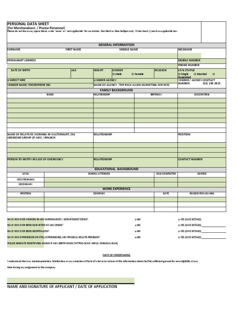 EXCEL Personal Data Sheet 2 | PDF