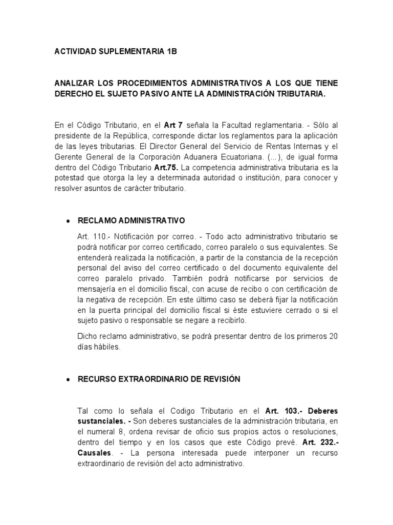 Actividad Suplementaria 1b Derecho Tributario | PDF | Regulación | Ley procesal