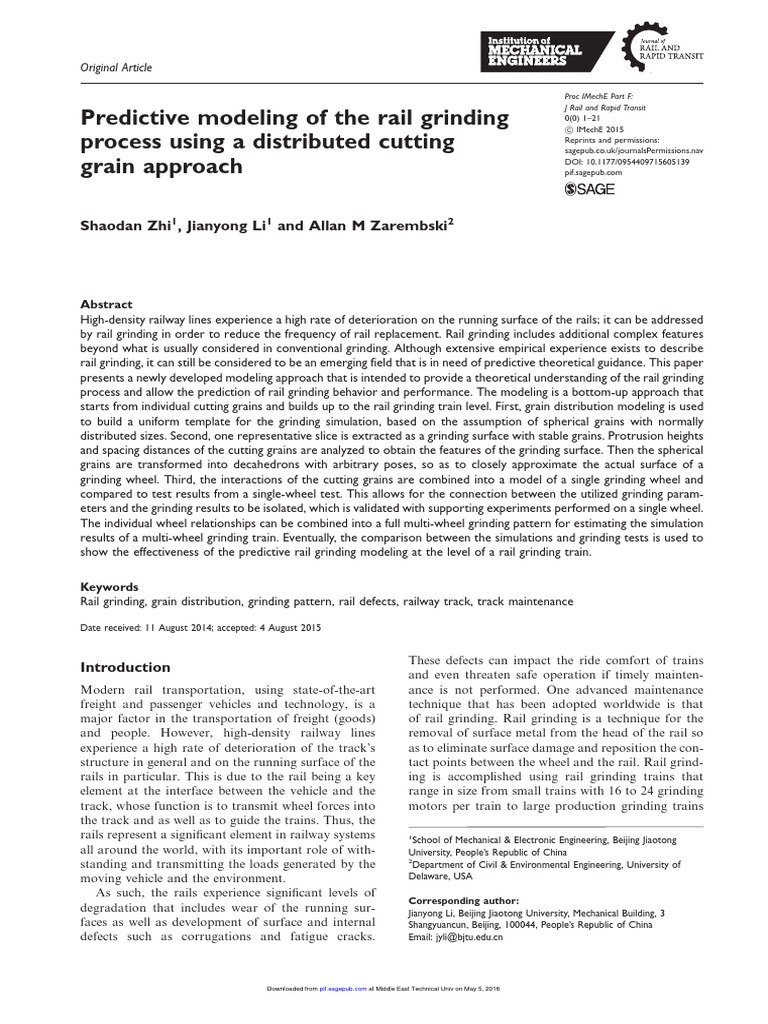 Predictive Modeling of The Rail Grinding Process Using A Distributed ...