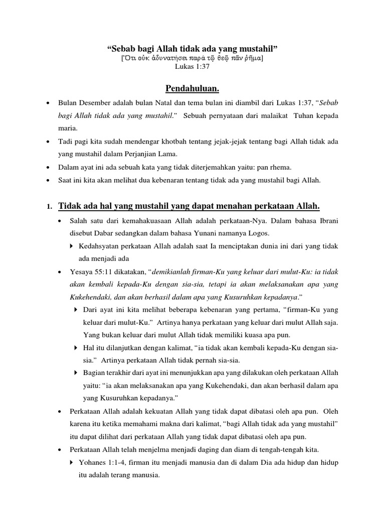 Preaching - Sebab Bagi Allah Tidak Ada Yang Mustahil Menurut Lukas 1.37 ... Preaching - Sebab Bagi Allah Tidak Ada Yang Mustahil Menurut Lukas 1.37 ...