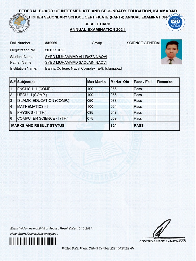 FBISE HSSC Part-I Result Card 2021 | PDF