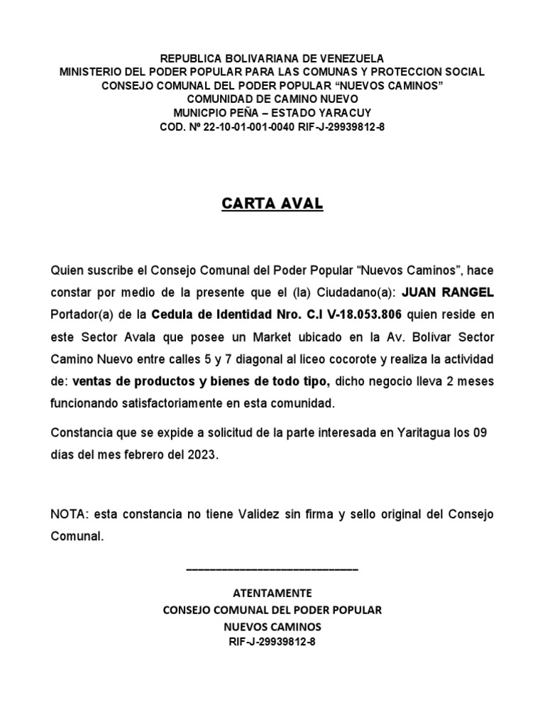 Carta Aval del Consejo Comunal para Comercio | PDF | Finanzas y dinero