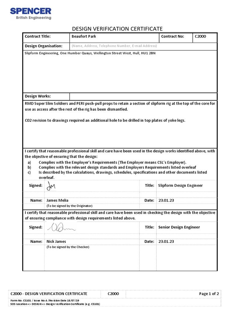 Cs101 Design Verification Certificate Retention Of Rig Section On