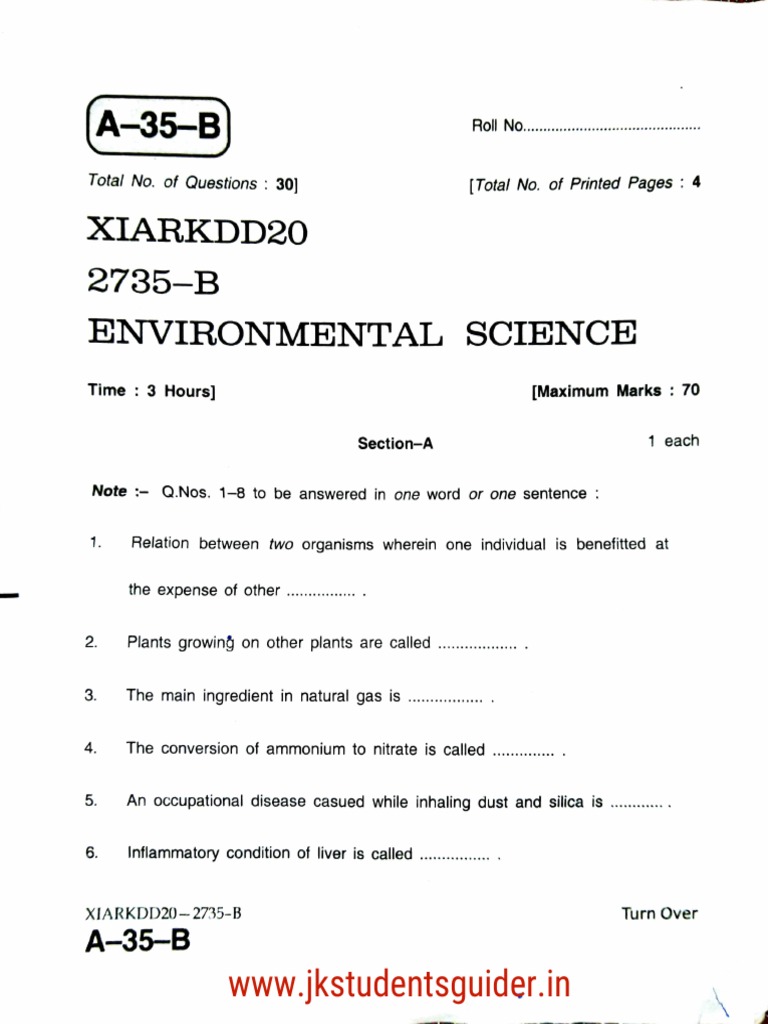 'Environmental Science Question Paper of Class 11th (2020) | PDF ...