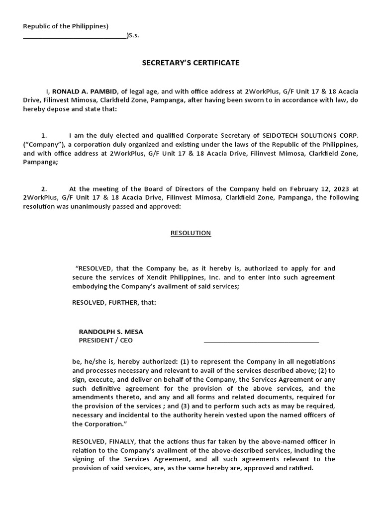 Secretary's Certificate Template | PDF | Legal Documents | Government