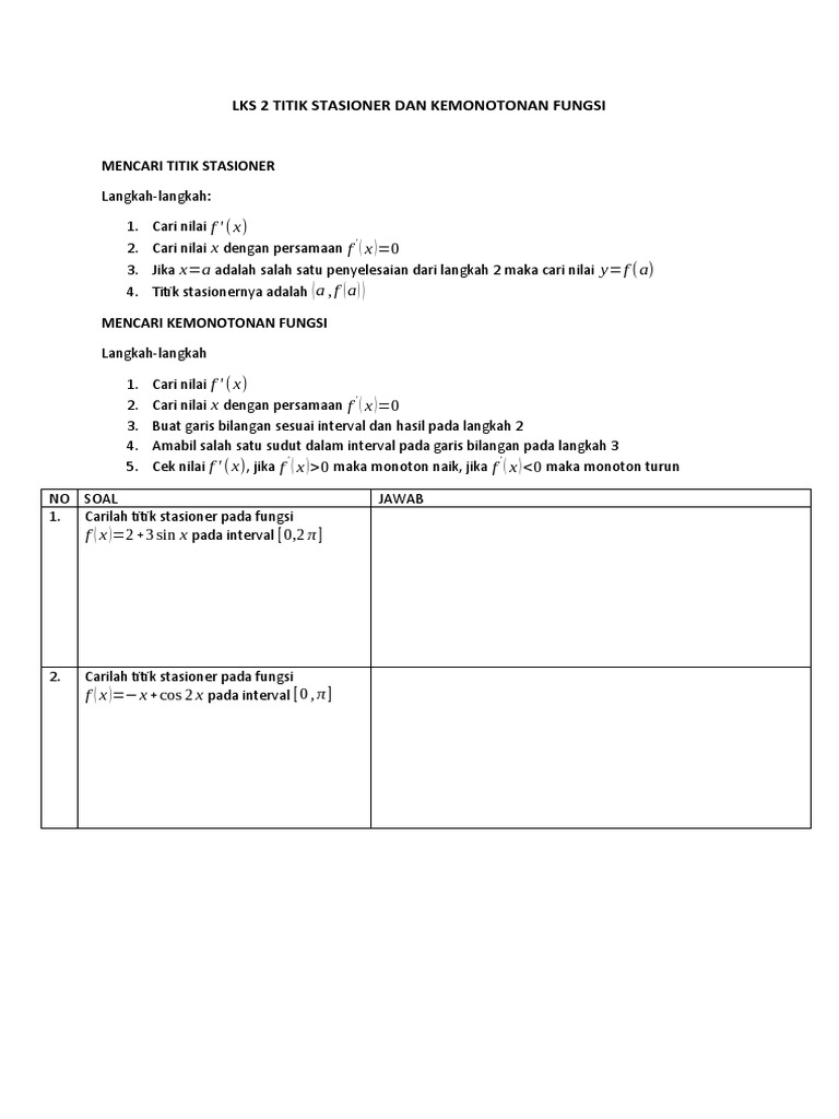 LKS 2 Titik Stasioner Dan Kemonotonan Fungsi | PDF