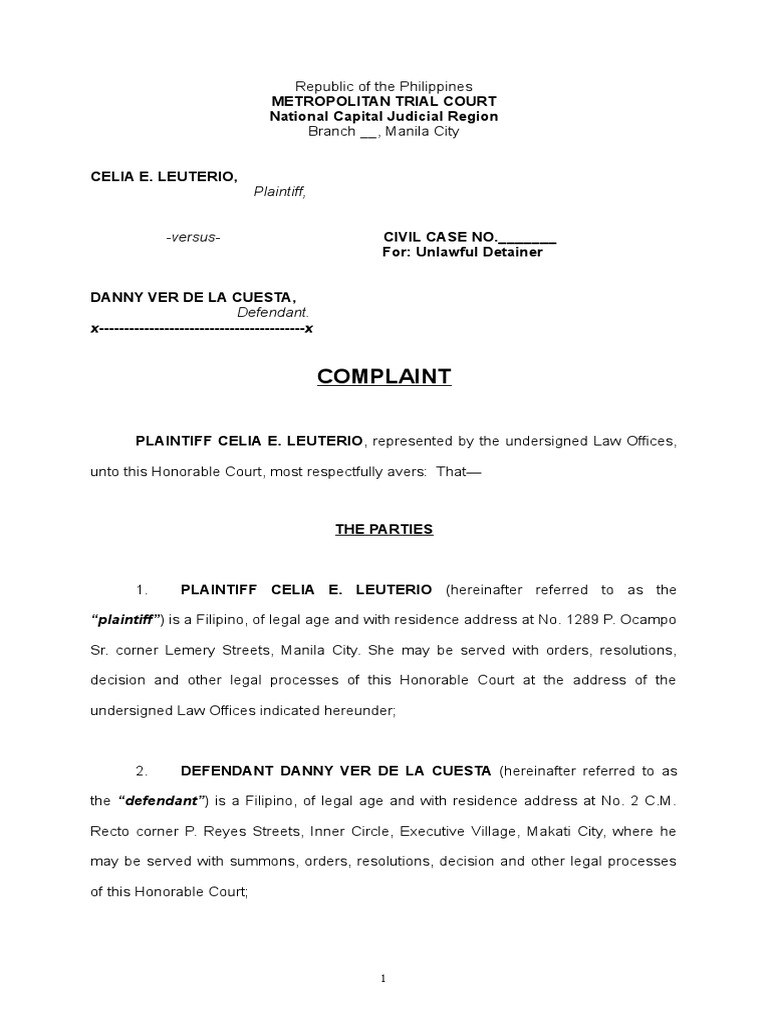 Complaint-Dela Cuesta Case | PDF | Lawsuit | Damages