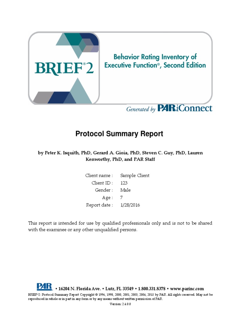BRIEF2 Protocol Summary Report Sample | PDF | Social Psychology ...