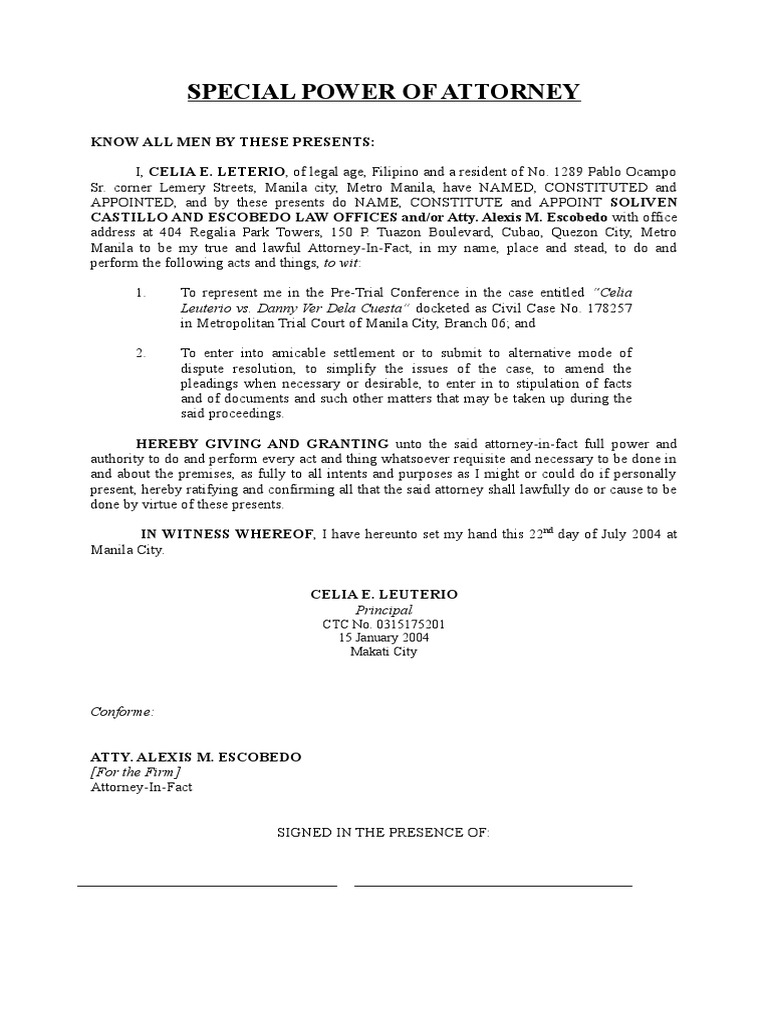 Special Power of Attorney for Legal Representation | PDF | Power Of ...