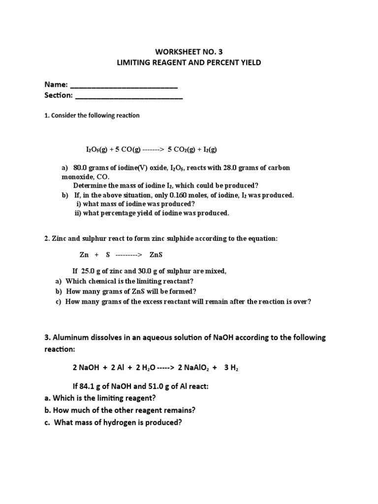 Limiting Reagents & Percent Yield Worksheet | PDF | Science & Mathematics