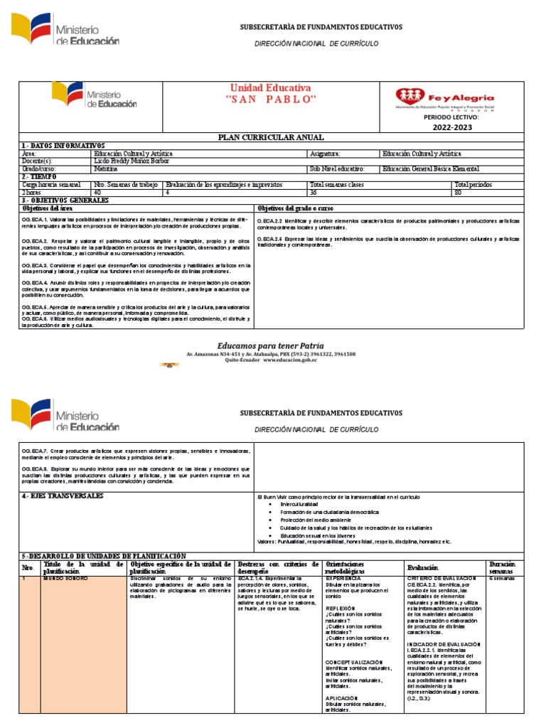 Pca Educacion Cultural y Artistica 8vo | PDF | Plan de estudios | Ritmo