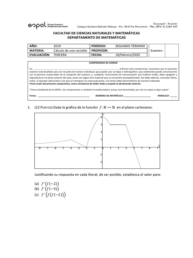 EXA-2019-2S-CÁLCULO DE UNA VARIABLE-10-Mejora | PDF | Integral | Función (Matemáticas)