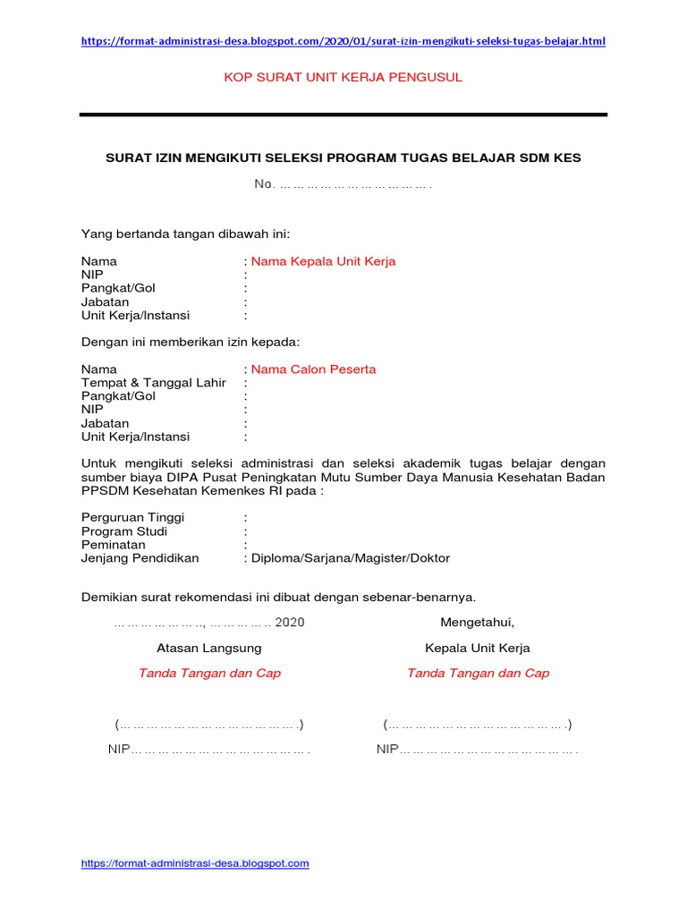 Surat Ijin Mengikuti Seleksi Program Tugas Belajar SDM Kes | PDF