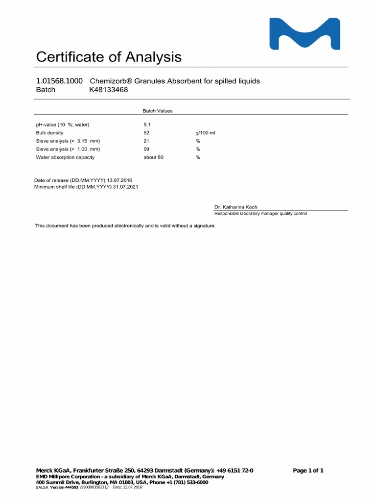 COA CHEMIZORB MERCK | PDF
