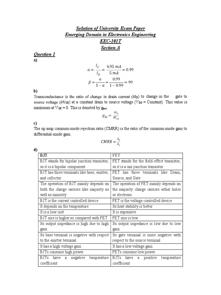 Analysis of an Electronics Engineering Exam Paper Focusing on ...