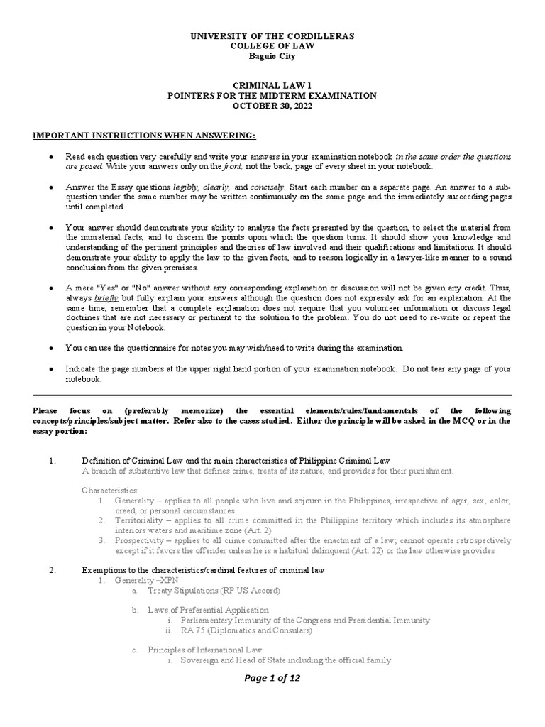 Midterm Pointers Criminal Law 1 2 | PDF | Ex Post Facto Law | Intention ...