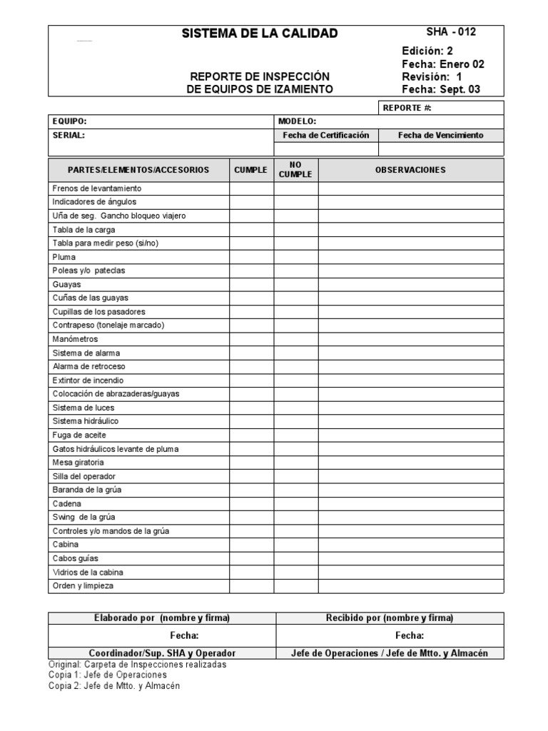 SHA-012 Reporte de Inspección de Equipos de Izamiento | PDF