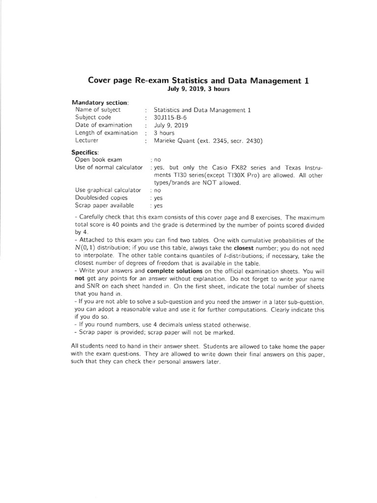 QM - Exam Statistics & Data Management 2019 | PDF | Probability Density Function | Standard ...