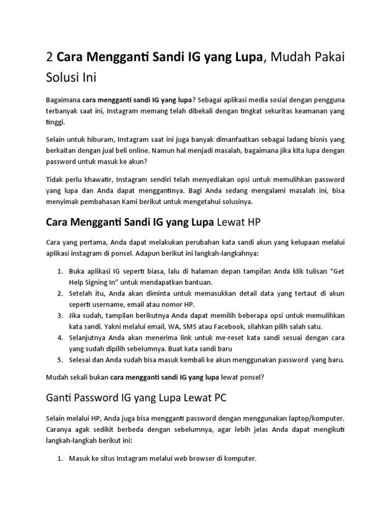 Cara Mengganti Sandi IG Yang Lupa, Mudah Pakai Solusi Ini | PDF