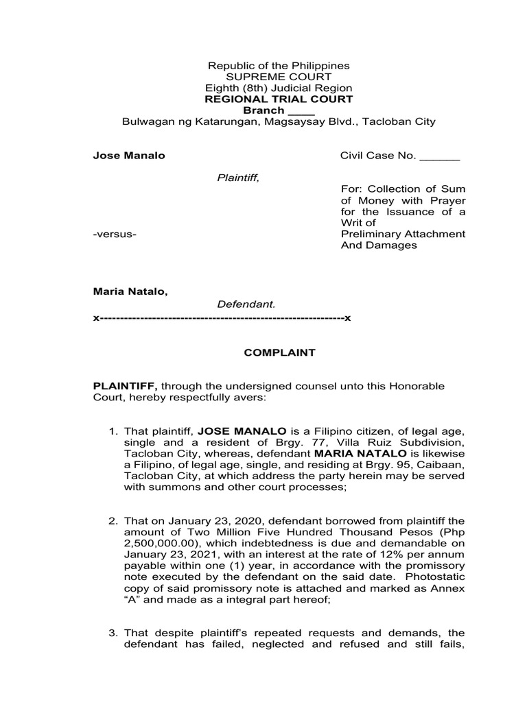 Civil Action For Collection of Sum of Money | PDF | Lawsuit | Justice