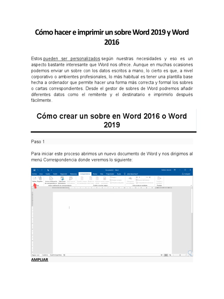 Cómo Hacer e Imprimir Un Sobre Word 2019 y Word 2016 | PDF | Microsoft ...