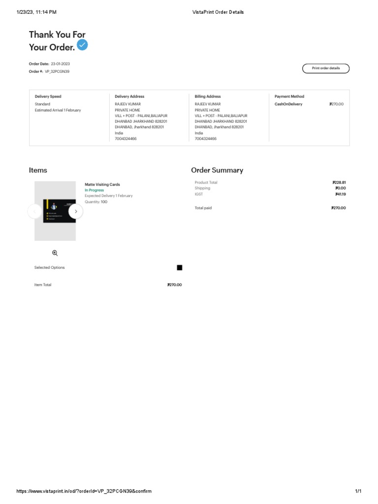 VistaPrint Order Details | PDF | Service Industries | Business