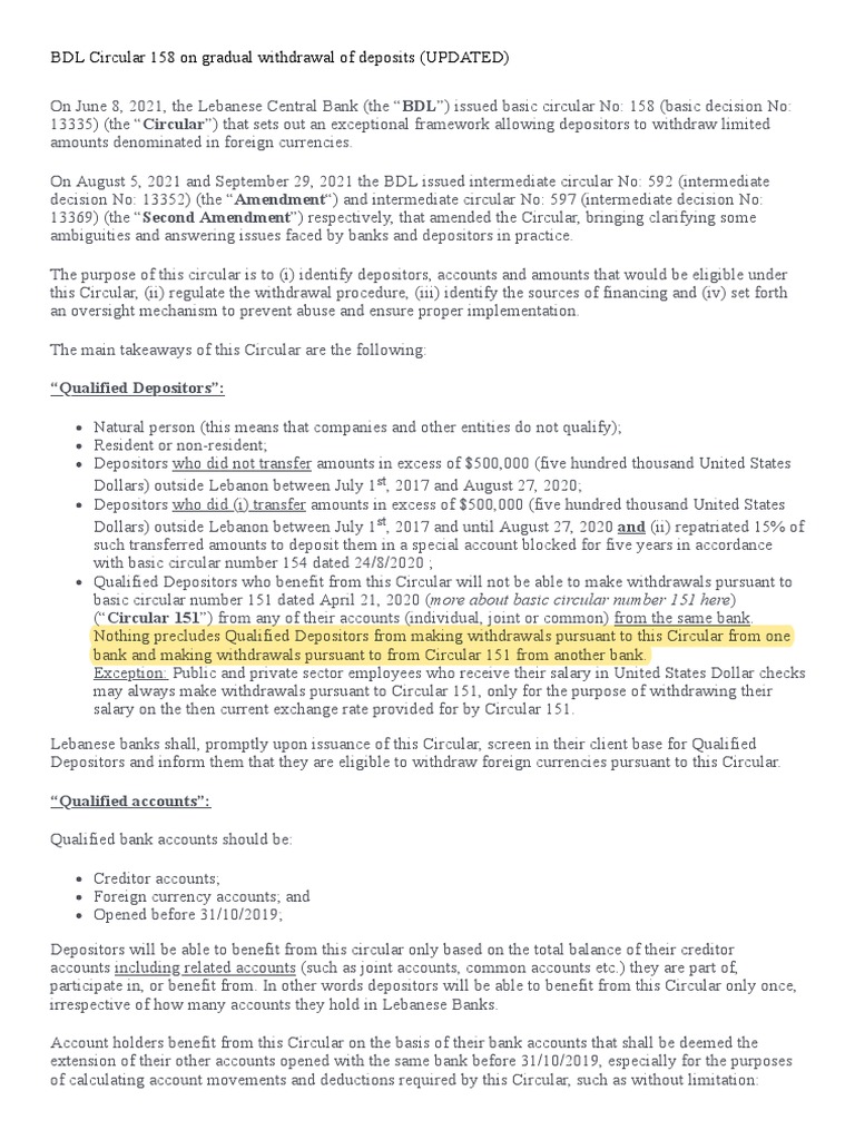 BDL Circular 158 - Gradual Withdrawal of Deposits - Melki & Associates ... BDL Circular 158 - Gradual Withdrawal of Deposits - Melki & Associates ...